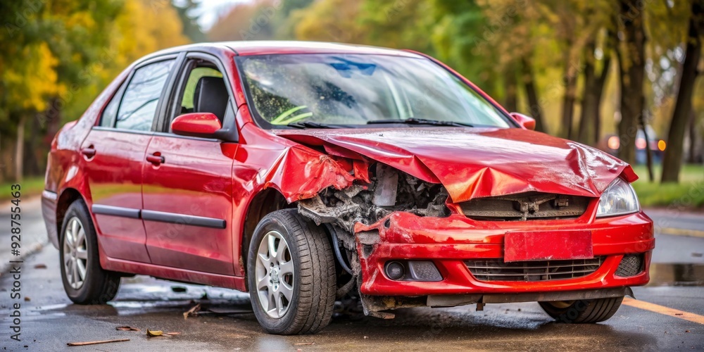 Red Car Accident Scene Front View with Damaged Hood, Car Accident ...