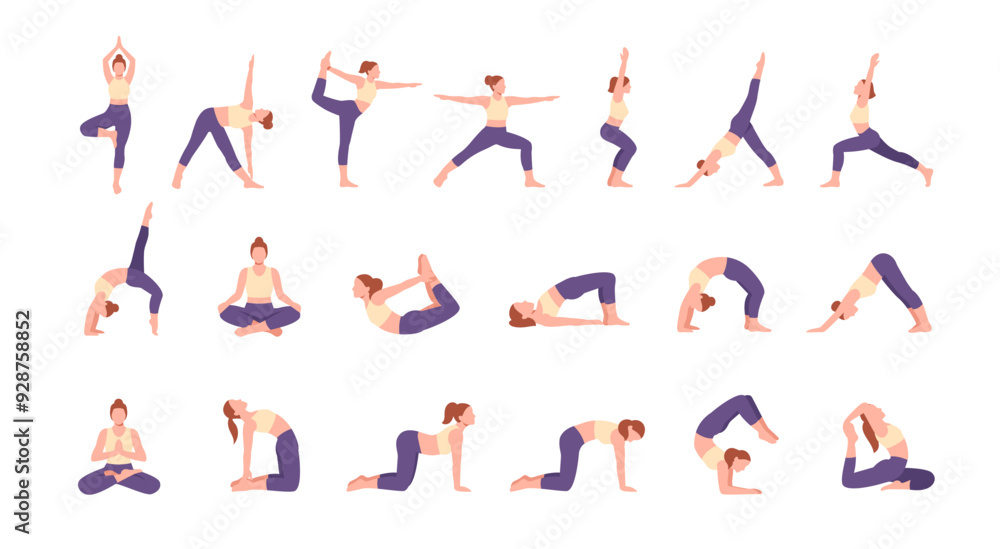 Set of yoga poses icons. Colorful signs with woman doing physical ...