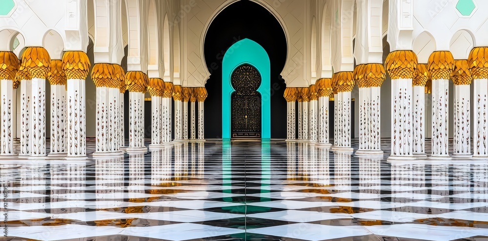 This is a realistic fantasy interior of a royal palace. A blue golden ...