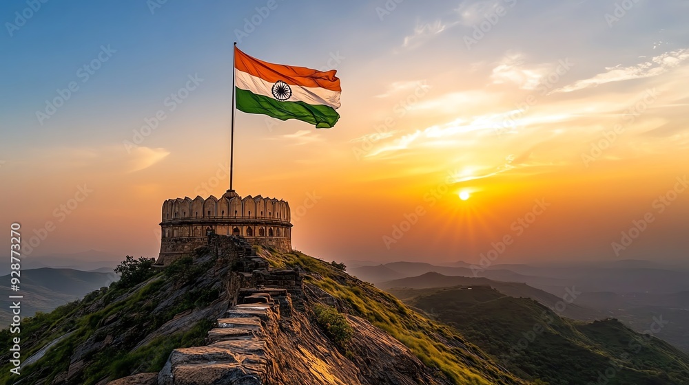 Majestic sunset over a fortress with the Indian flag waving proudly ...