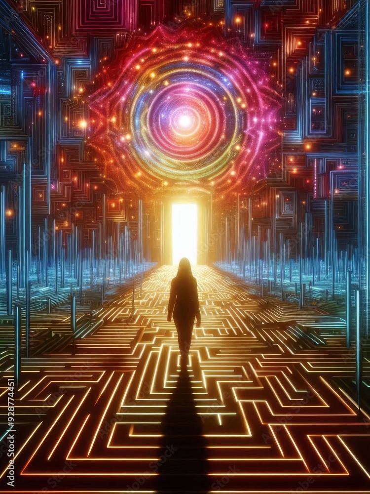 A silhouette of a person standing at the entrance of a maze-like ...