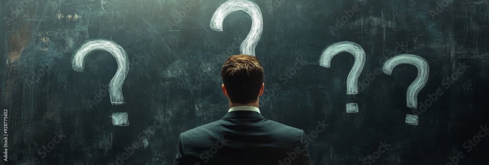 Businessman Confronting a Wall of Question Marks on a Black Chalkboard ...