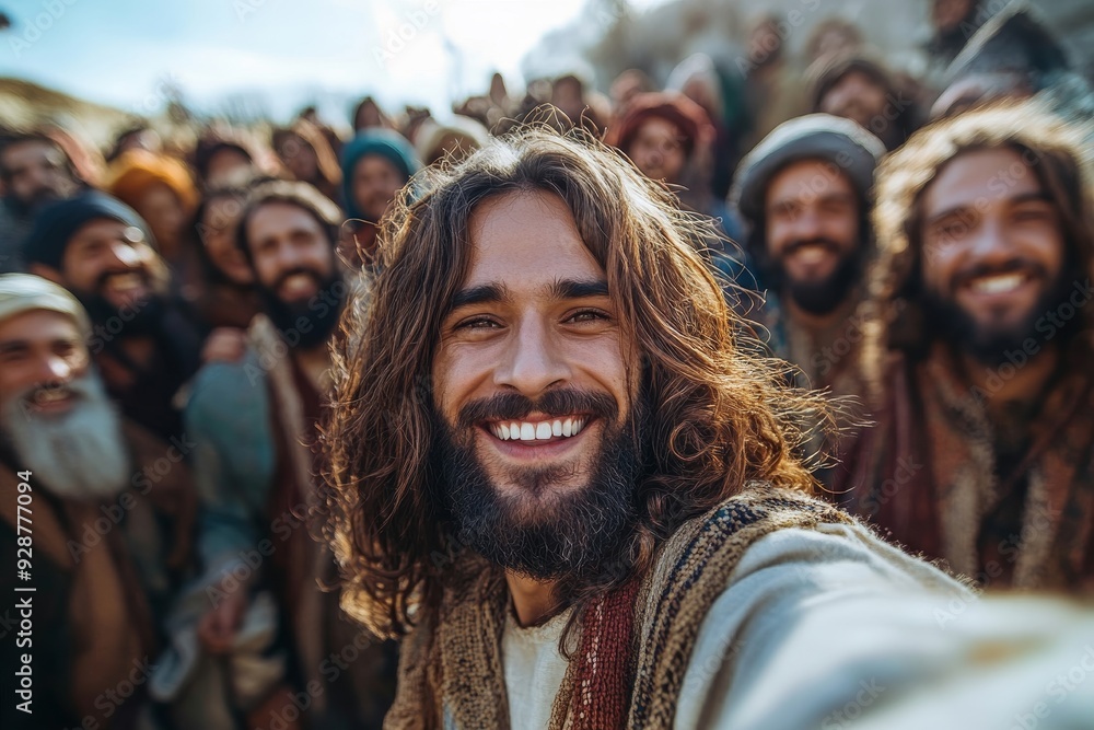 Jesus, portrait and selfie with religious group in photography, memory ...