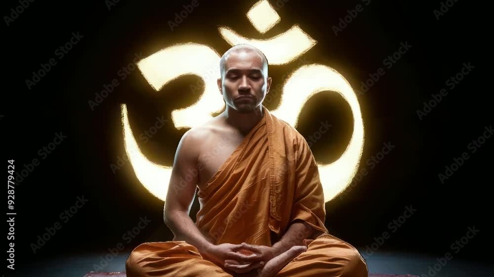 A Monk Meditating With A Big Om Symbol Behind His Head Glowing On A ...