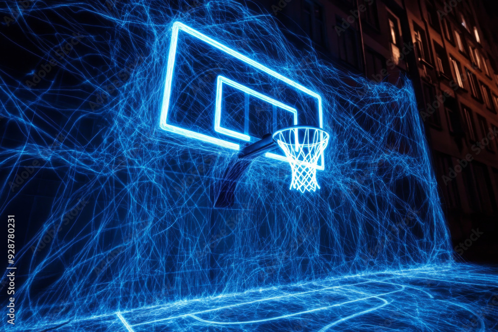 Light blue basketball hoop and backboard stand out against the dark ...