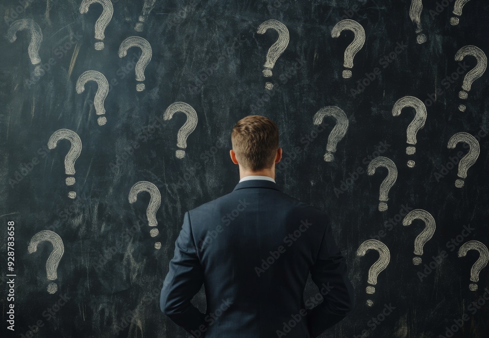 Businessman Confronting a Wall of Question Marks on a Black Chalkboard ...