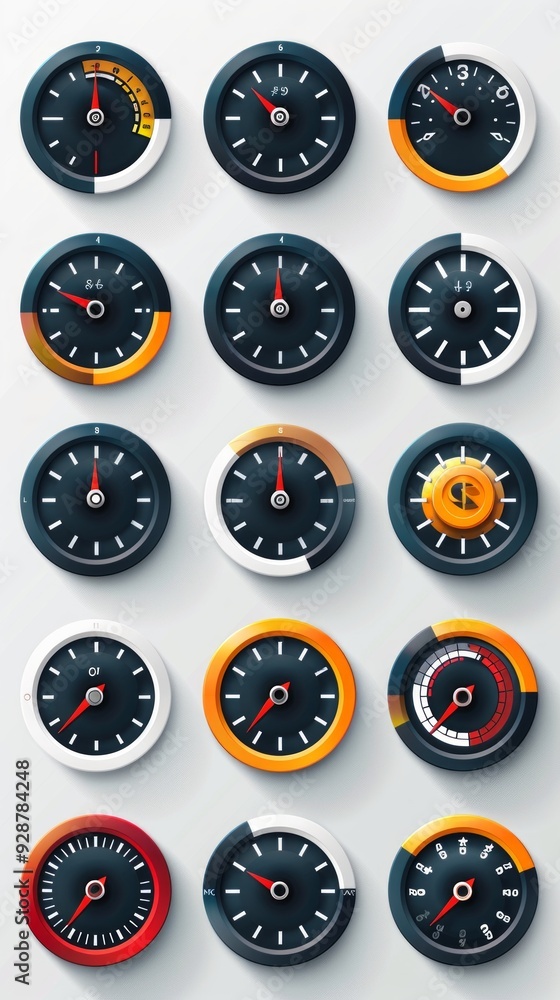A display of 16 varied dials showcasing measurements like pressure ...