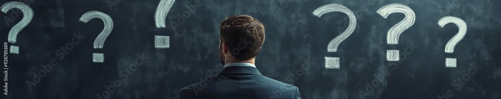 Businessman Confronting a Wall of Question Marks on a Black Chalkboard ...
