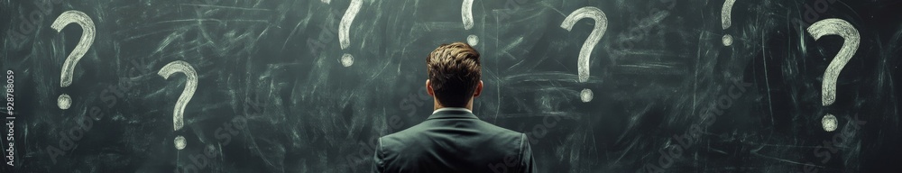 Businessman Confronting a Wall of Question Marks on a Black Chalkboard ...