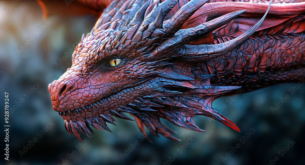 Close-up of a fierce red dragon with intricate scales and glowing eyes ...