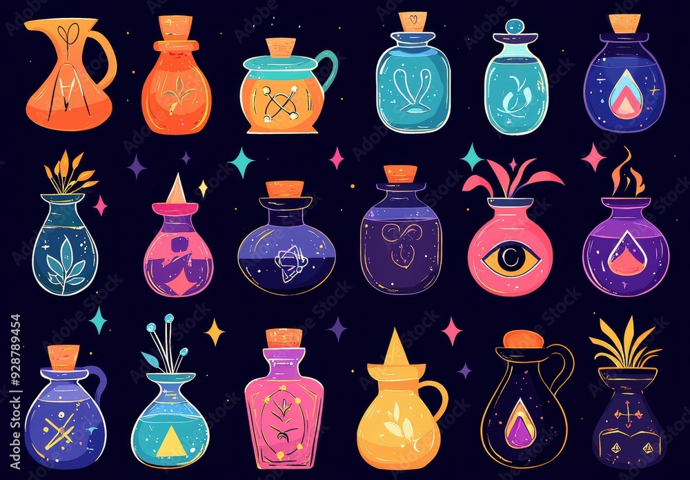 An illustration of an illuminated frog, a magical potion, a cauldron ...