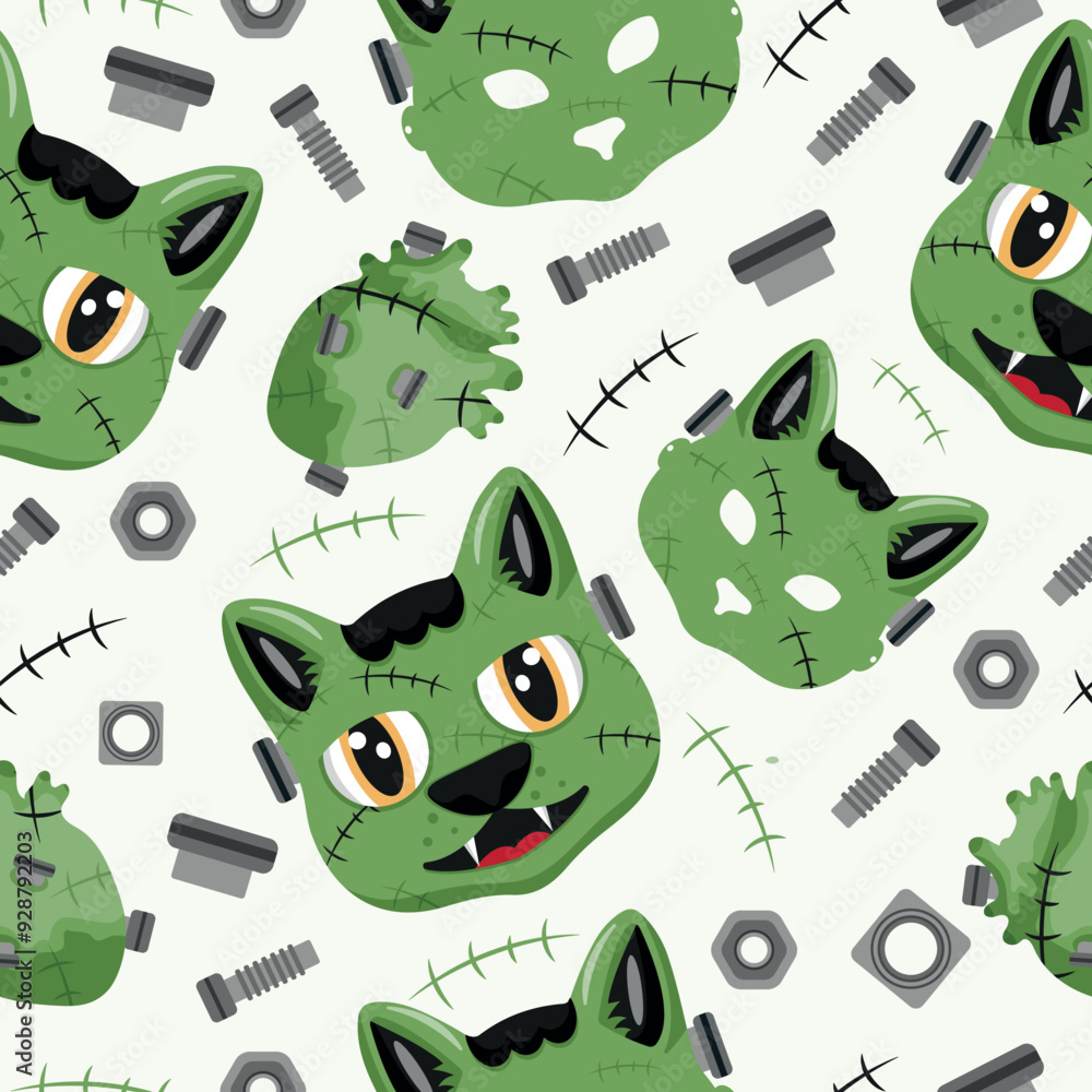 seamless pattern of Halloween icons with a cat in a Frankenstein mask ...