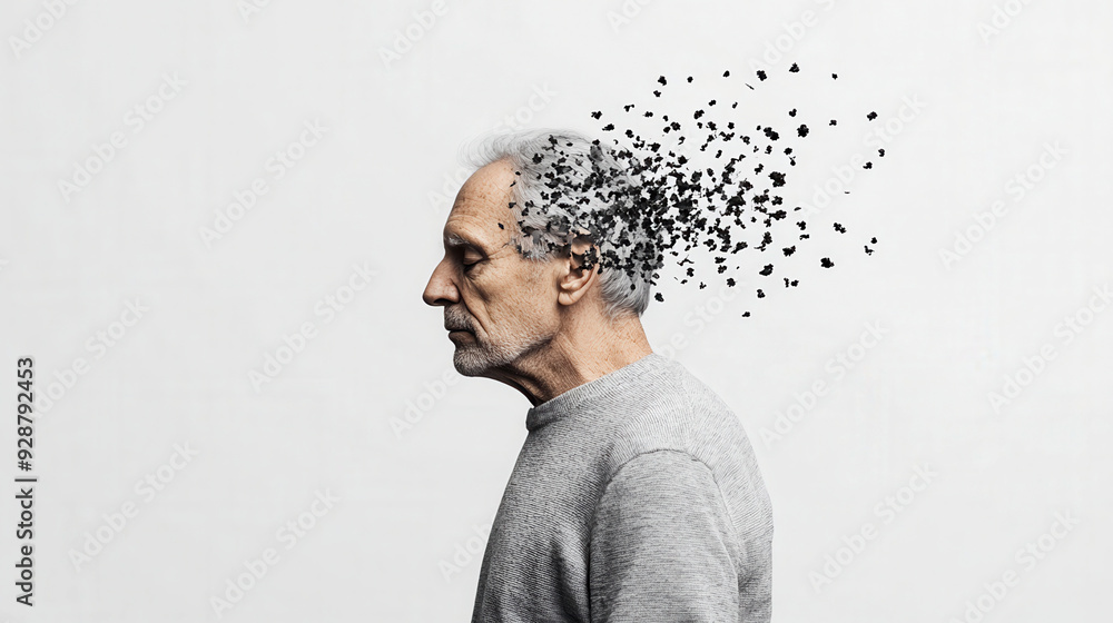 A side profile of an elderly man with his head disintegrating into ...