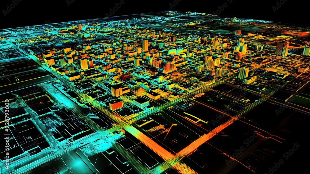 Technical aerial visual, 3D LiDAR GIS aerial map satellite scan model ...