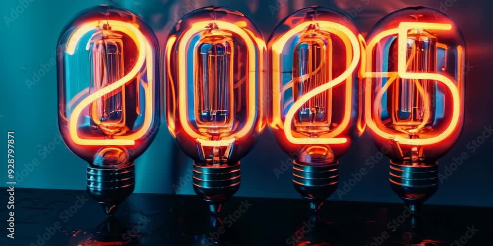 text "2025". Cyberpunk nixie-tubes font number glowing in the dark ...
