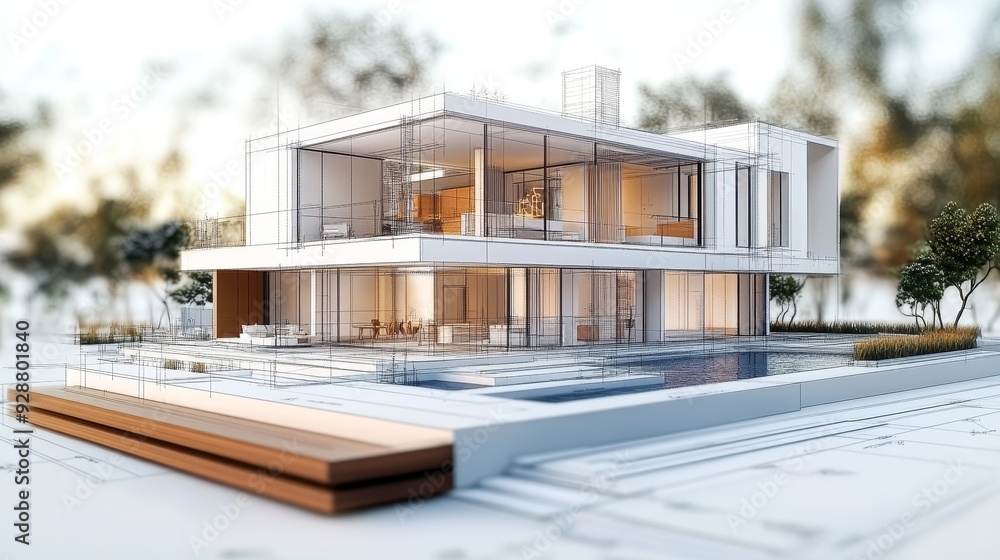vision of architecture of a 3d model house project with blueprint Stock ...