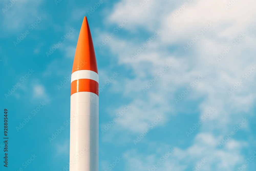 Tall rocket with orange and white stripes against a blue sky with ...