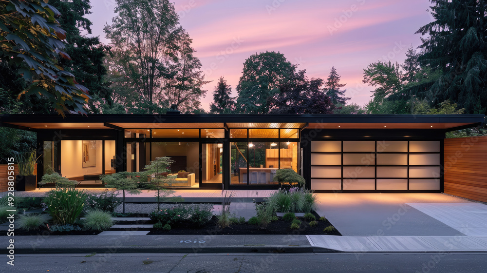Modern and minimalist-style single-story home with large glass windows ...