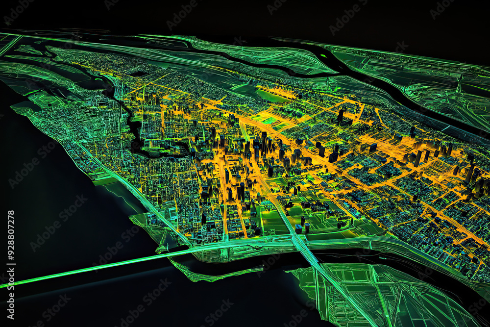 Technical aerial visual, 3D LiDAR GIS aerial map satellite scan model ...