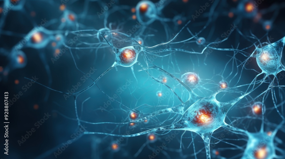 Neural network connections, glowing nodes, active neurons, threads of ...