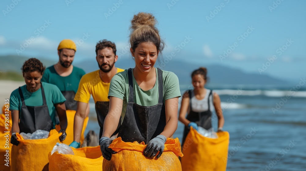 Diverse Group of Volunteers Cleaning Up a Beach, Collecting Plastic ...