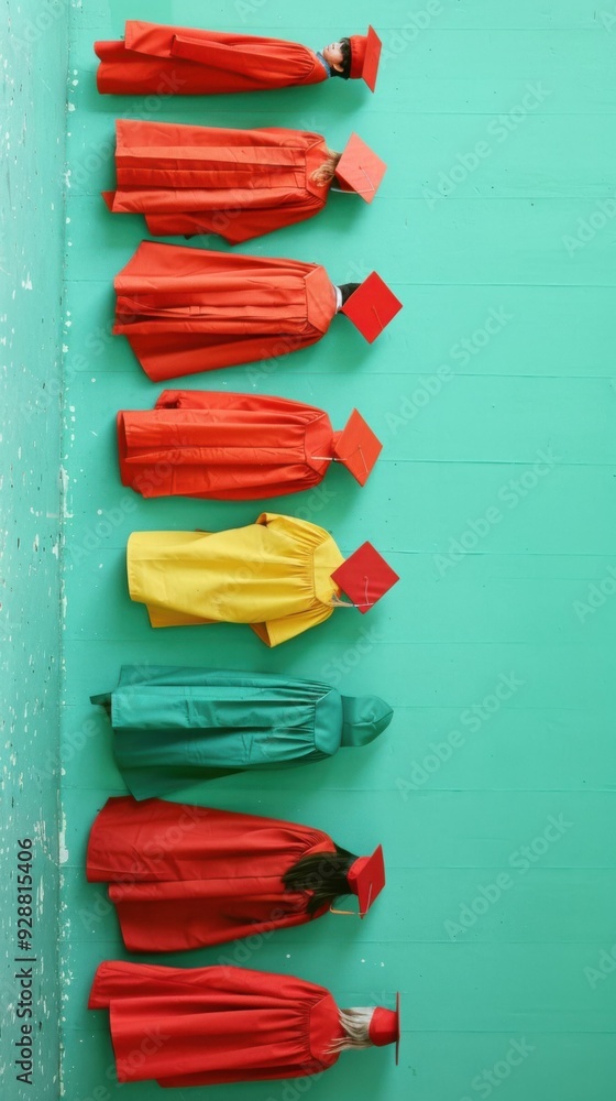 A group of people wearing red graduation gowns stand behind a green ...