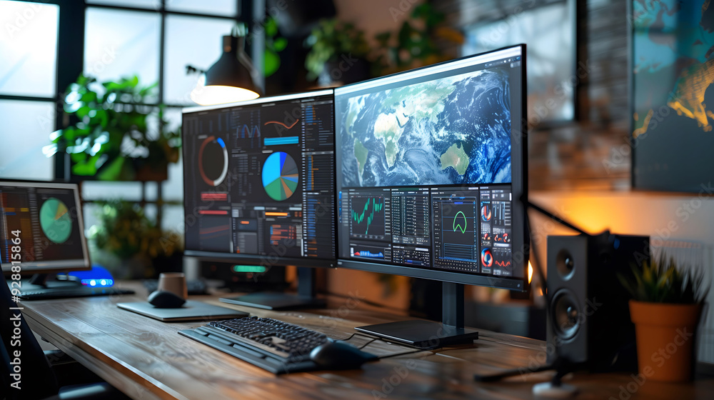 Meteorologist’s Desk Featuring Monitor Screens Showing Earth’s Cloud ...