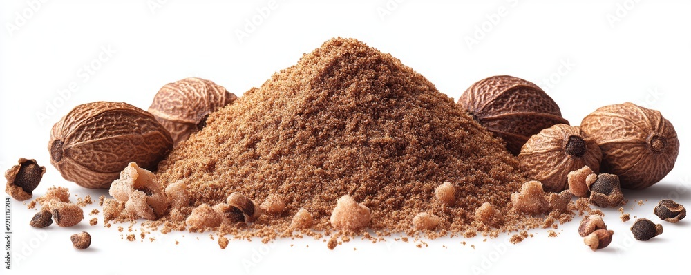Ground nutmeg powder with whole nutmeg pods, perfect for culinary uses ...