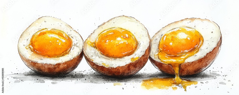 Three beautifully illustrated eggs with rich yellow yolks, showing ...