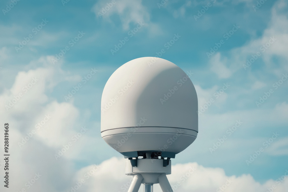 Weather radar dome against a blue sky with white clouds, providing ...