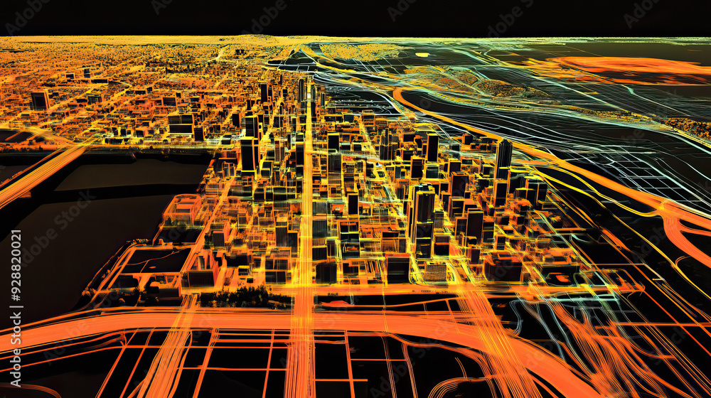 Technical aerial visual, 3D LiDAR GIS aerial map satellite scan model ...