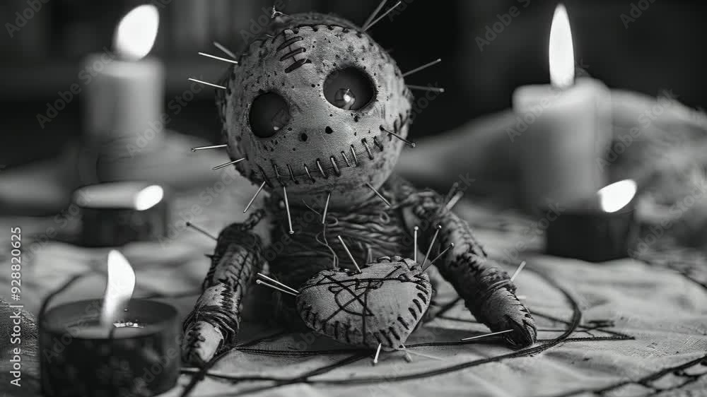 video of the concept of Voodoo Magic: A Voodoo doll adorned with ...
