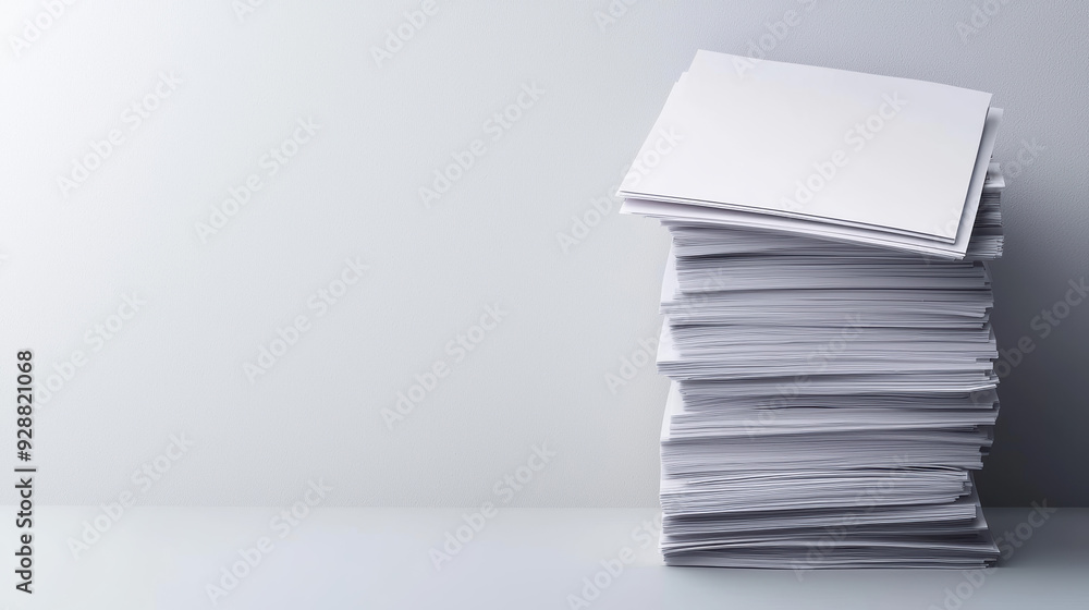 A large stack of white paper sheets organized neatly on a white work ...