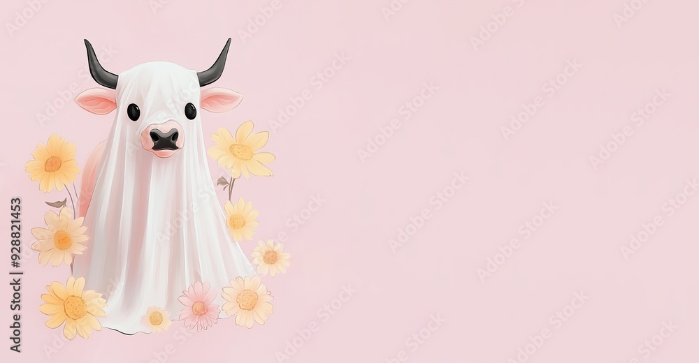 Cute white cow calf depicts a ghost, covered with a white sheet among ...