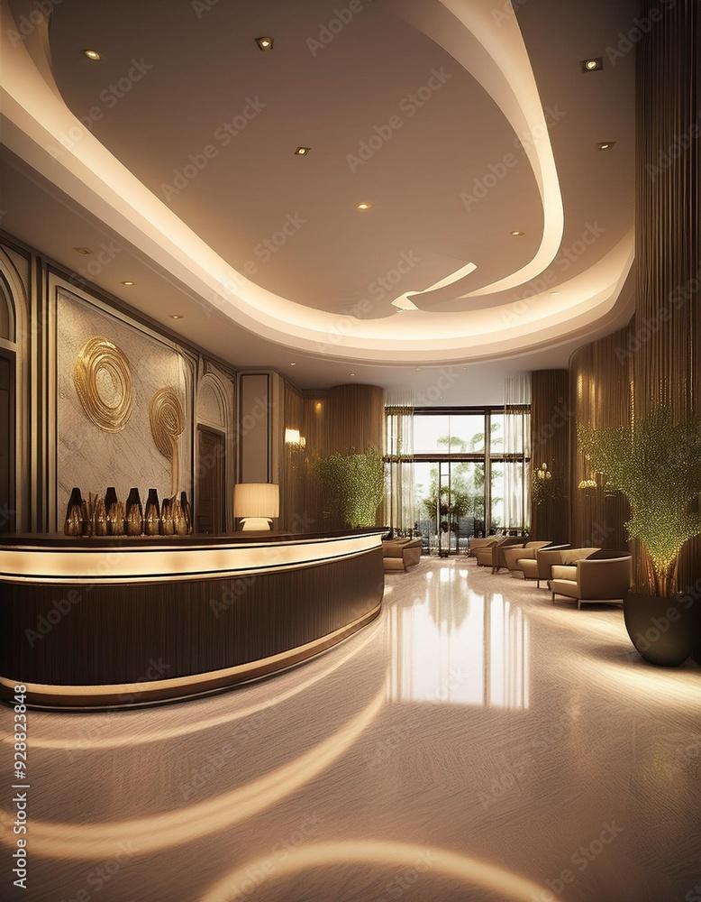 3D image of a luxurious hotel reception lobby featuring sleek ...