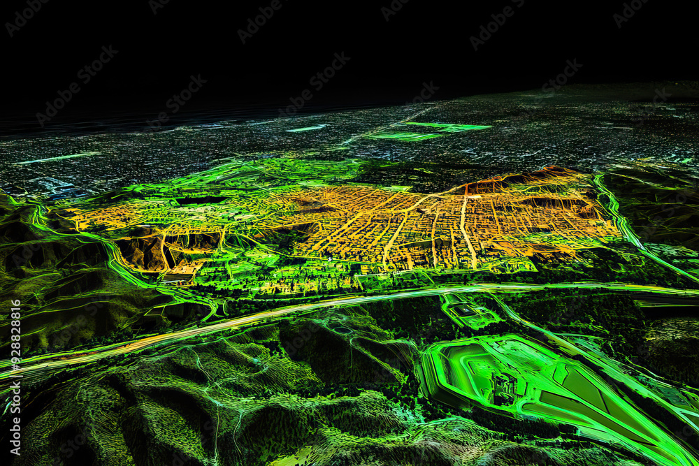 Technical aerial visual, 3D LiDAR GIS aerial map satellite scan model ...