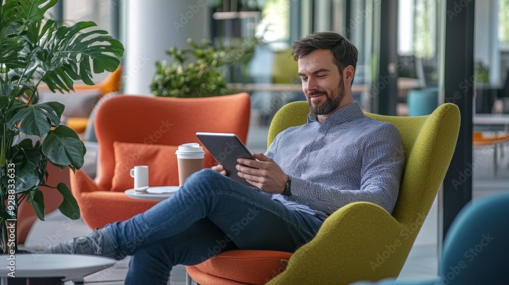 Young man in an office lounge area, holding a tablet and sipping coffee ...