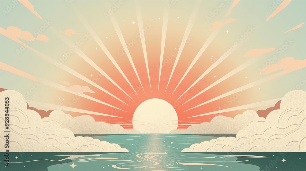 Radiant sunrise with flowing clouds 2D illustration. Sun rising over ...