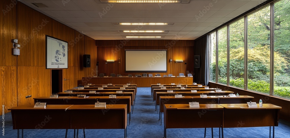 Empty Conference Room Rows of Desks with Handwritten Place Cards Wide ...