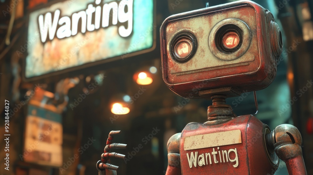 Robot and "Wanting" sign: A robot standing in front of a sign that says ...