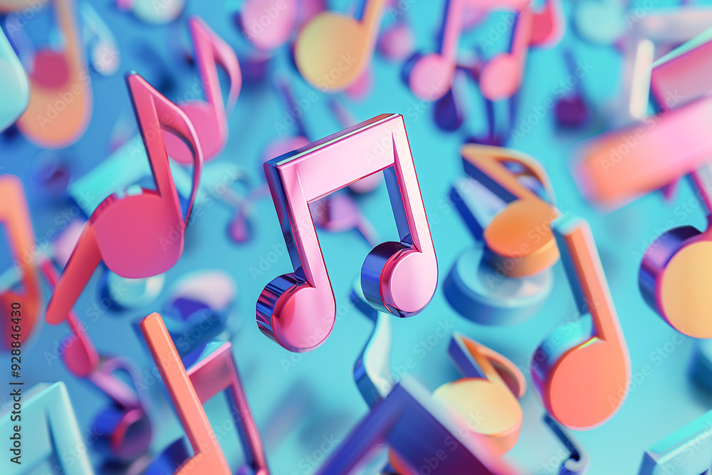 Vibrant 3D illustration of floating musical notes in a colorful ...