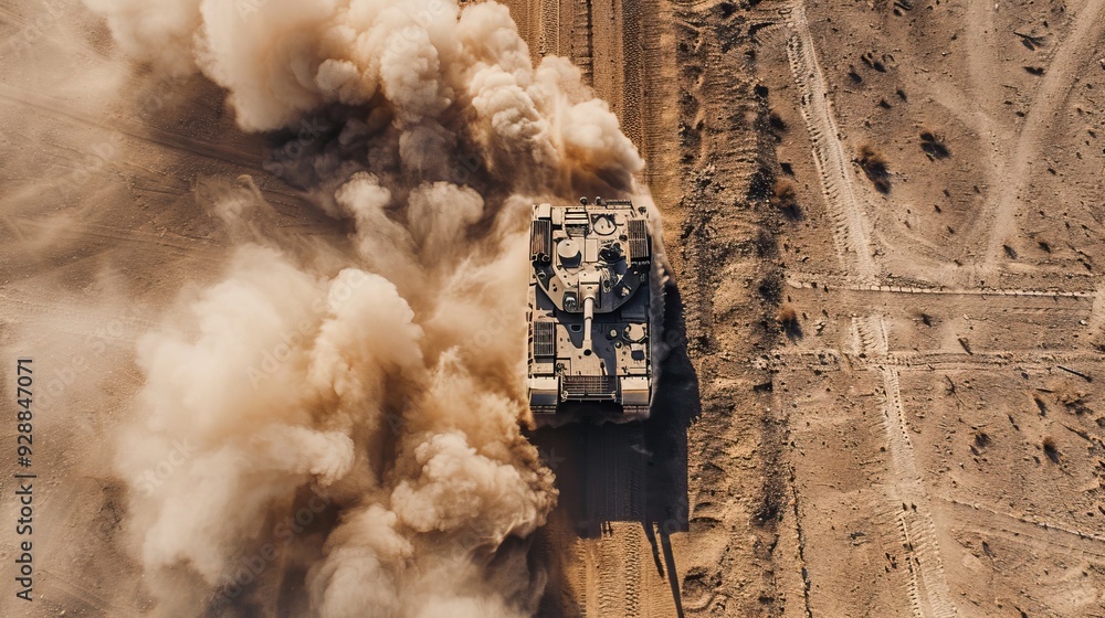 Tank advances on sandy terrain kicking up clouds of dust with powerful ...