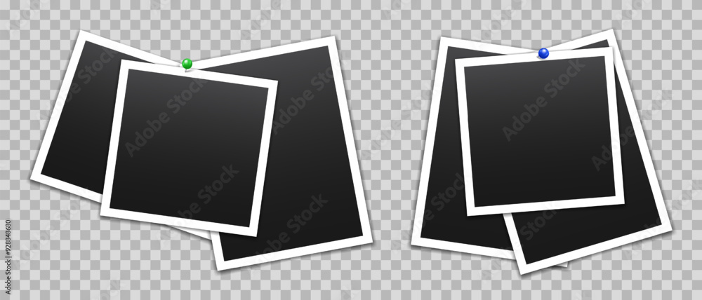 Vector empty photo frames with pin and shadow isolated on transparent ...