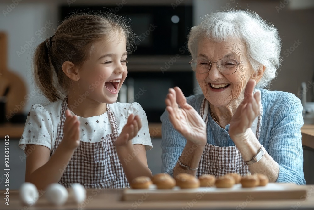 Excited grandma and happy grandkid girl cooking pastry together in a ...
