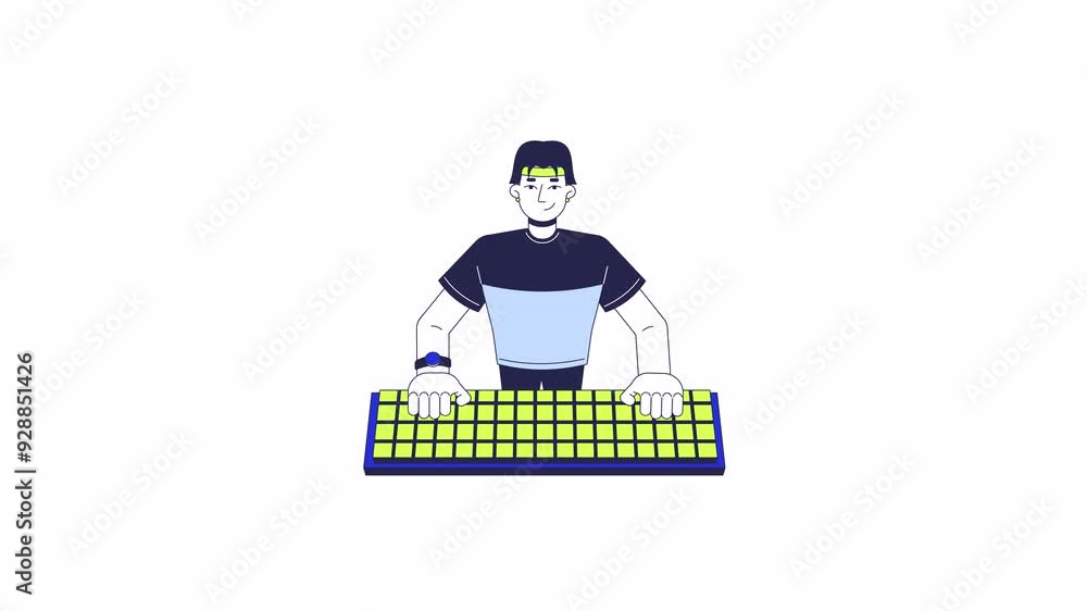 Asian male cyberathlete gamer typing keyboard line 2D character ...