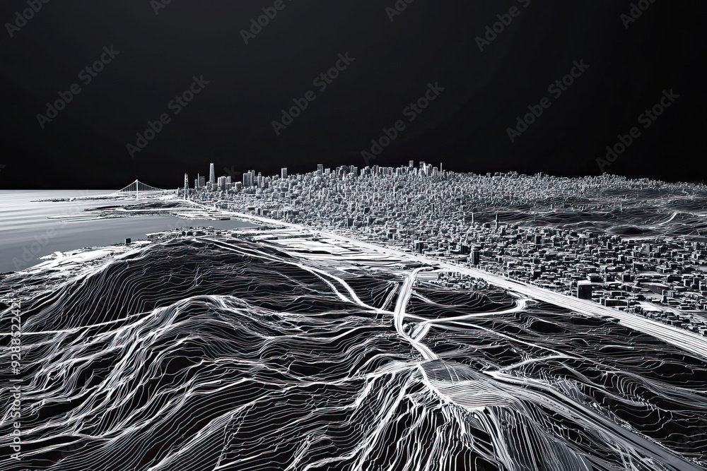 Technical aerial visual, 3D LiDAR GIS aerial map satellite scan model ...