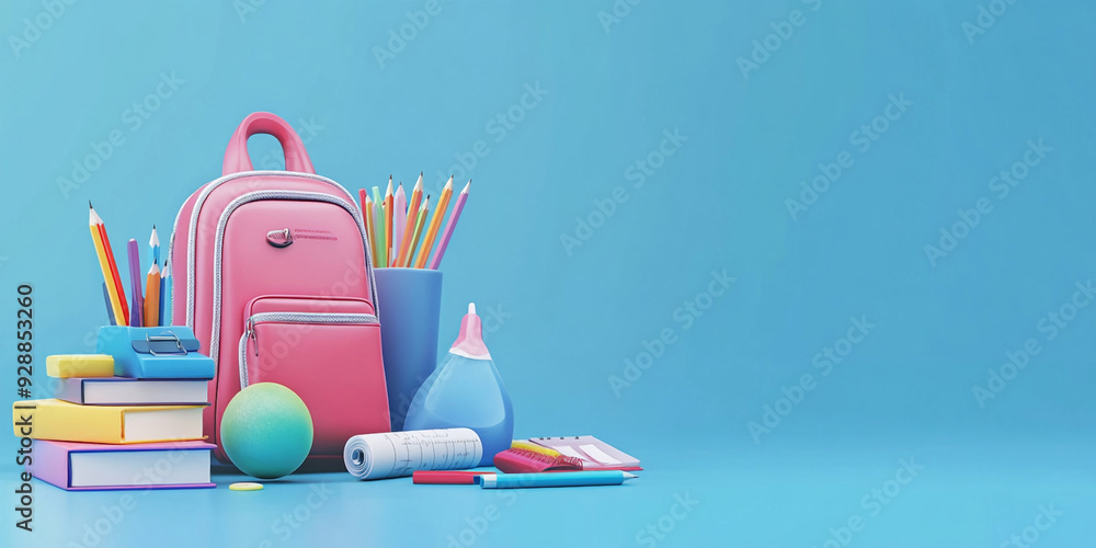 3D cartoon-style banner with school supplies on a blue background ...