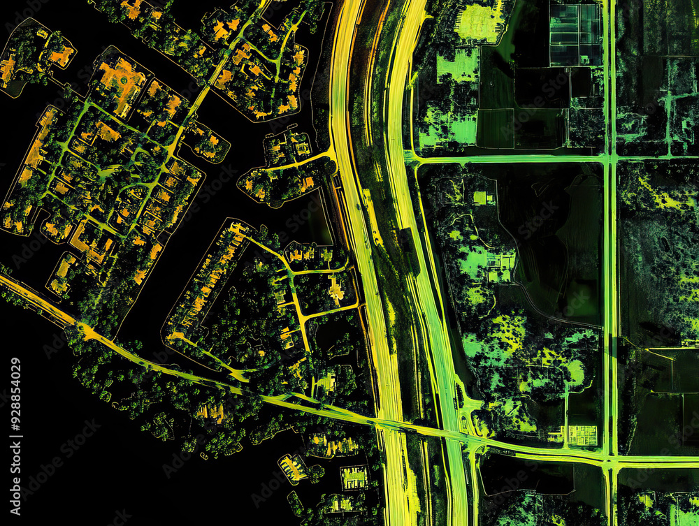 Technical aerial visual, 3D LiDAR GIS aerial map satellite scan model ...