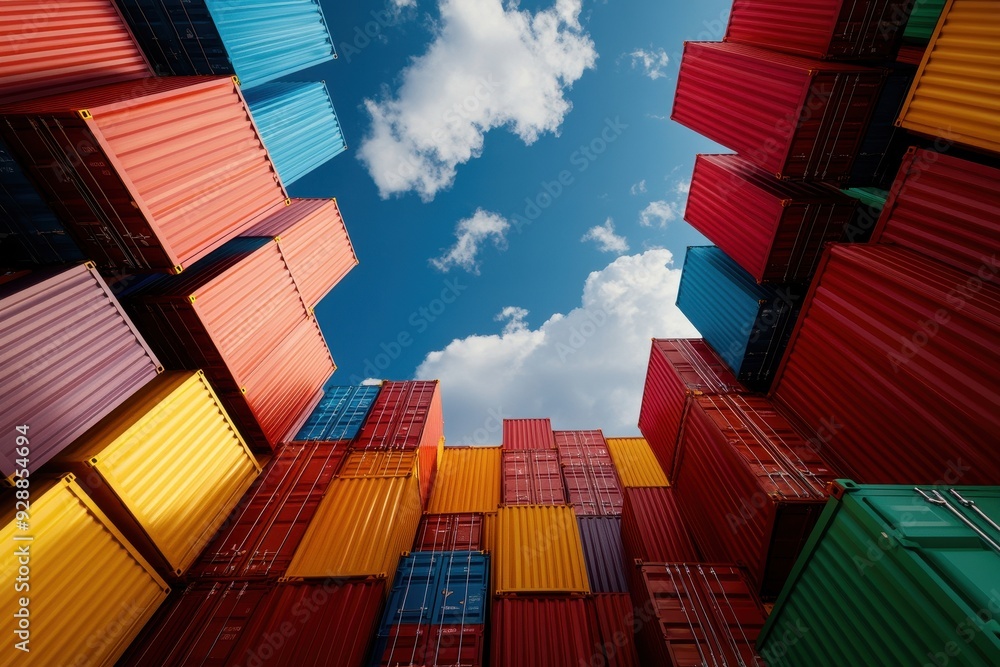 Colorful shipping containers stacked under a blue sky with fluffy ...