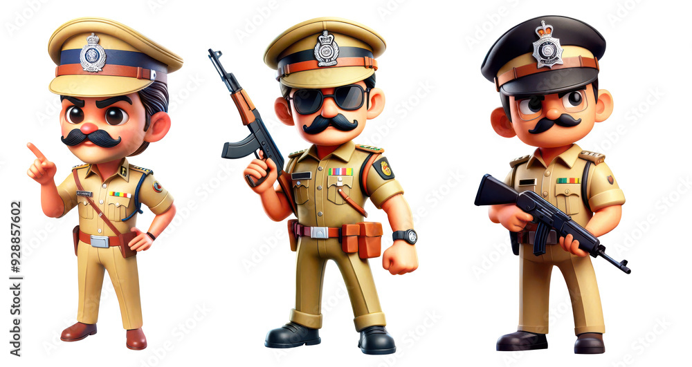 Set of 3D Cartoon style Indian police officer with mustache holding ...